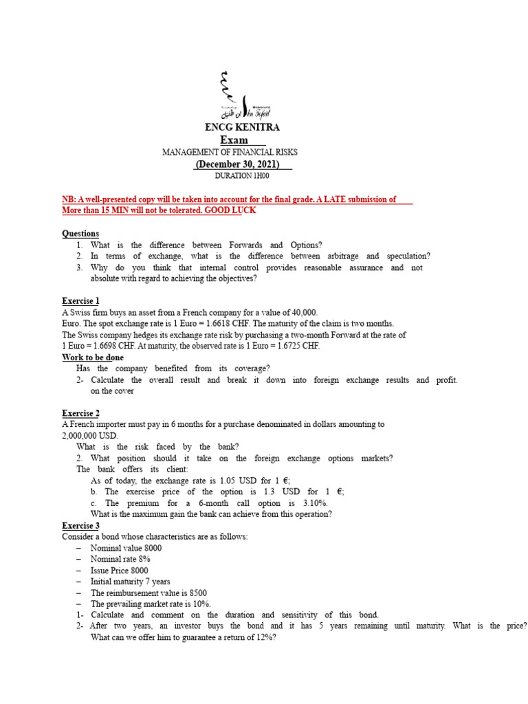 Financial Risk Management Exam S9 | PDF