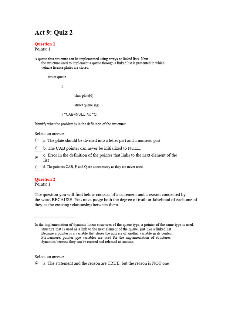 Act 9 - Quiz 2-DataStructure | PDF | Pointer (Computer Programming) | Queue (Abstract Data Type)