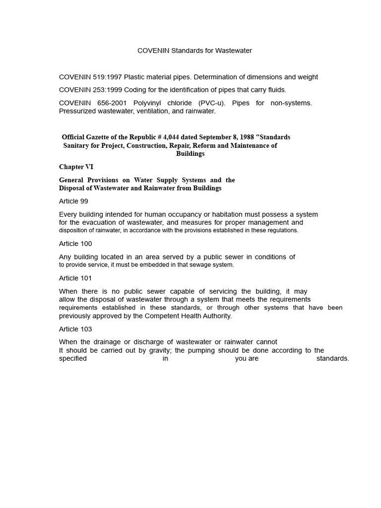 COVENIN Wastewater Management Standards | PDF | Sanitary Sewer | Pipe ...