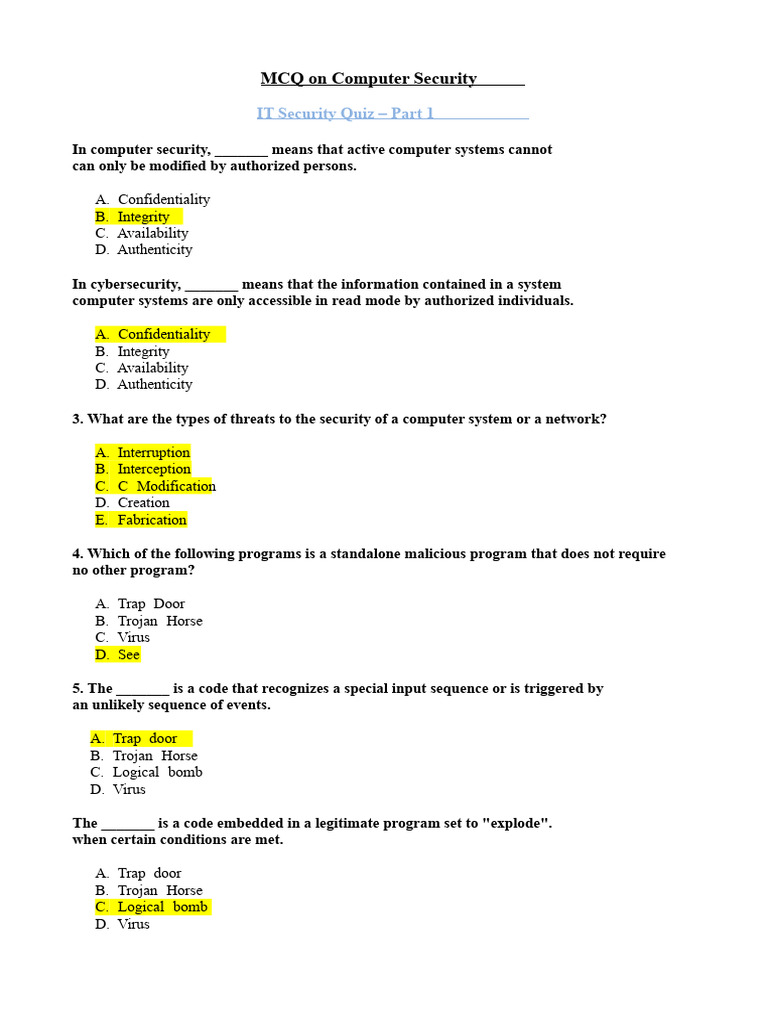 Computer Security MCQ Quiz Series | PDF | Computer Virus | Malware
