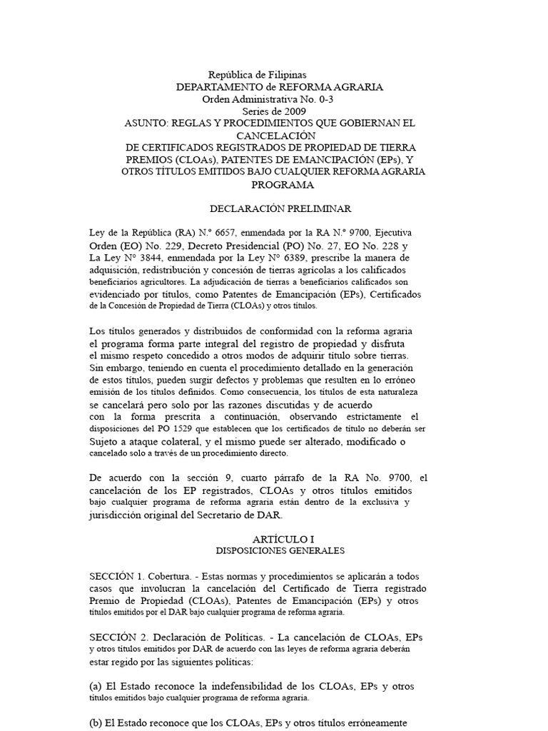 DAR A.O. 03 (Cancelación de EP y CLOA) | PDF | Apelación | Reforma agraria