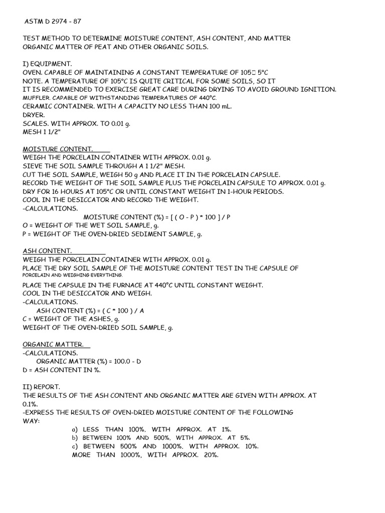 ASTM D 2974: Organic Soil Analysis | PDF | Soil | Clay