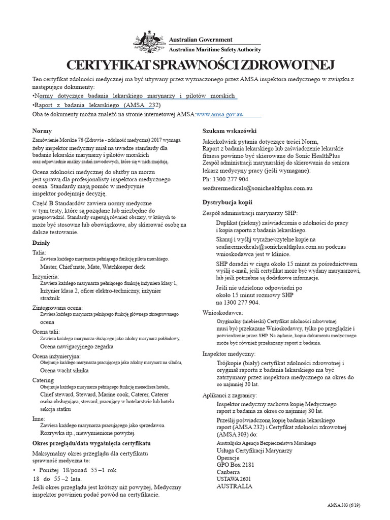 Certyfikat Amsa-303-Zaświadczenie o Zdolności Zdrowotnej | PDF