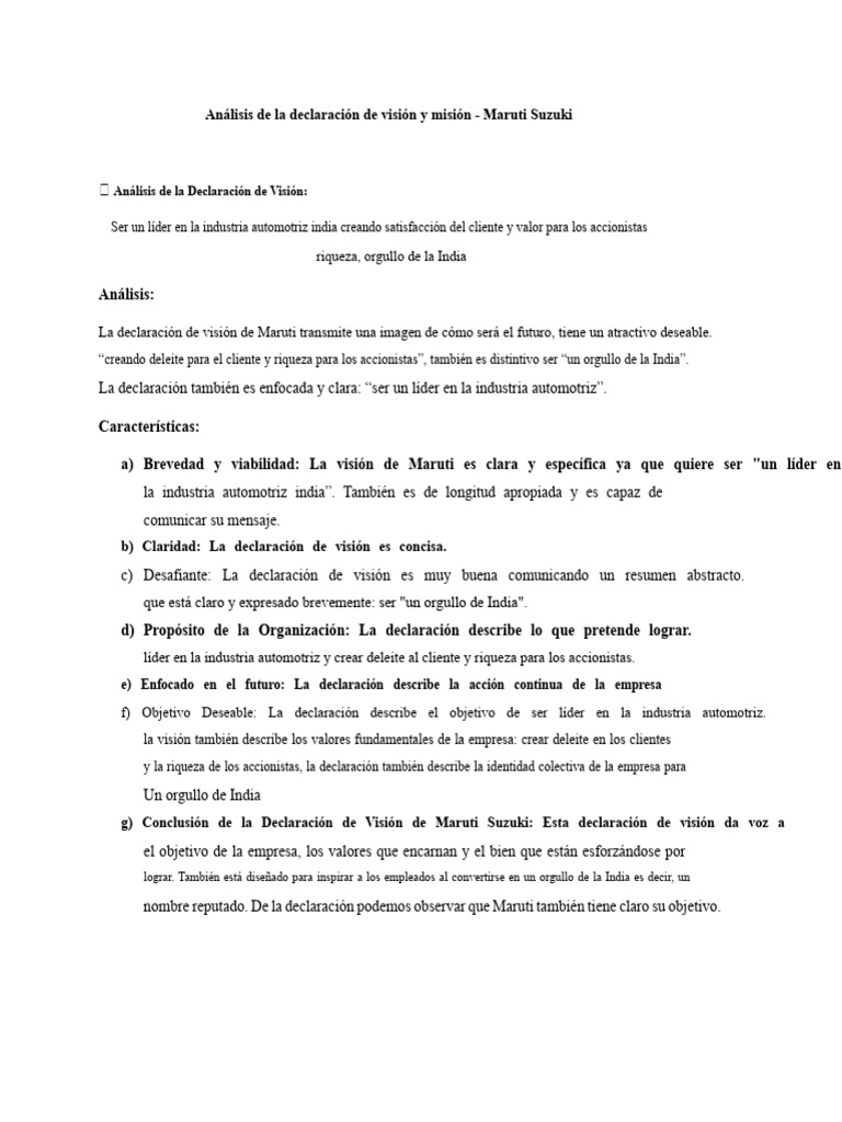 Análisis de La Visión y Misión de Maruti Suzuki | PDF | Business ...