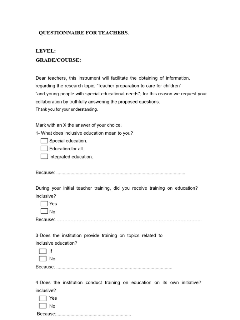 Teacher Questionnaire on Inclusive Education | PDF | Special Education ...
