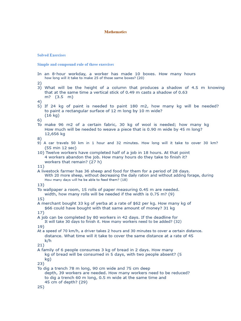 Mathematics Eso Solved Exercises Simple and Compound Rule of Three | PDF