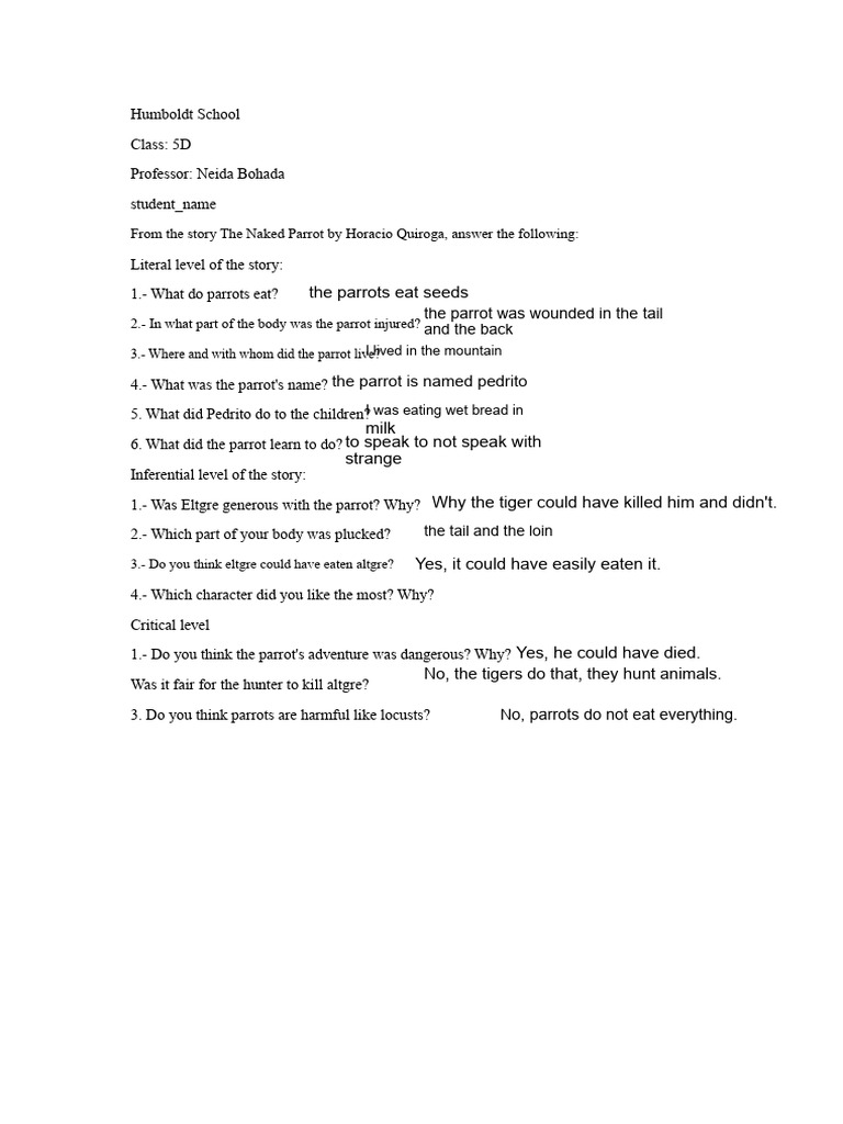 Reading Comprehension - The Bald Parrot - HQ - 5 | PDF