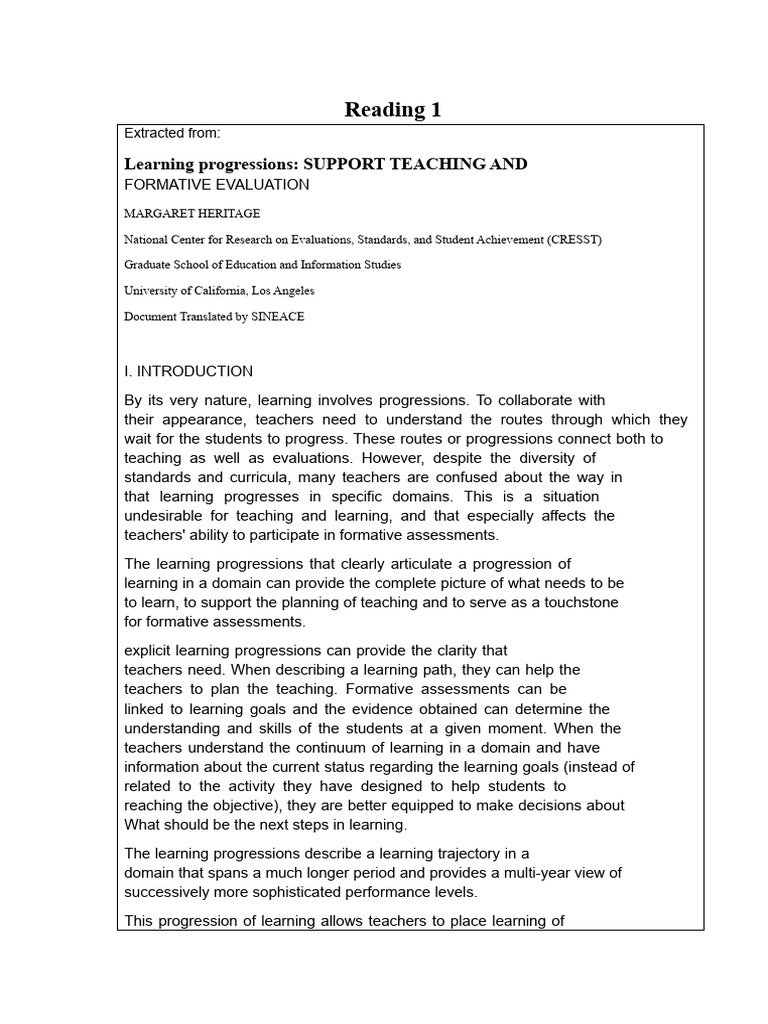 Reading 1 Learning Progressions MARGARET HERITAGE | PDF | Curriculum ...