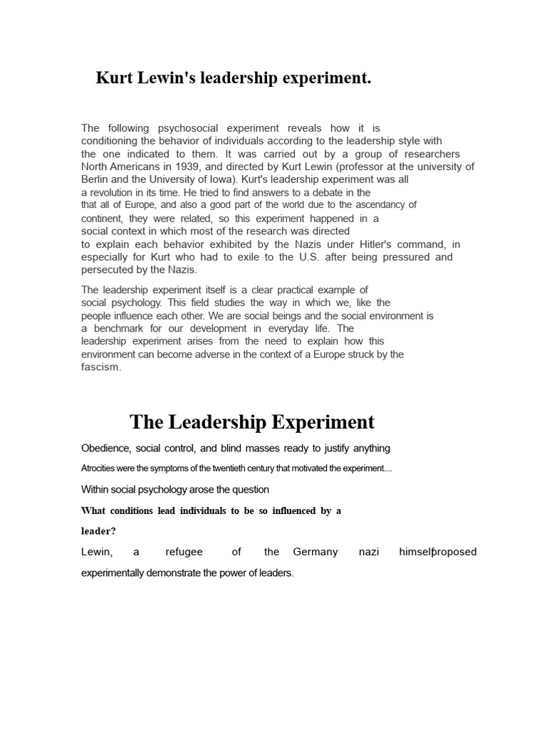 Kurt Lewin's Leadership Styles Experiment | PDF | Leadership | Social ...