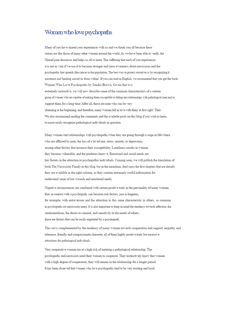 Women Who Love Psychopaths | PDF | Psychopathy | Empathy