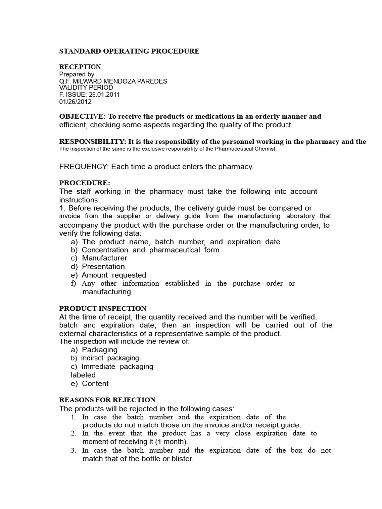Pharmacy Standard Operating Procedures | PDF | Pharmacy | Inventory