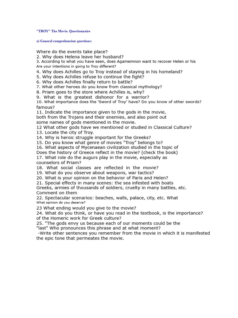 "Troy Movie Analysis Questionnaire" | PDF | Achilles | Hector
