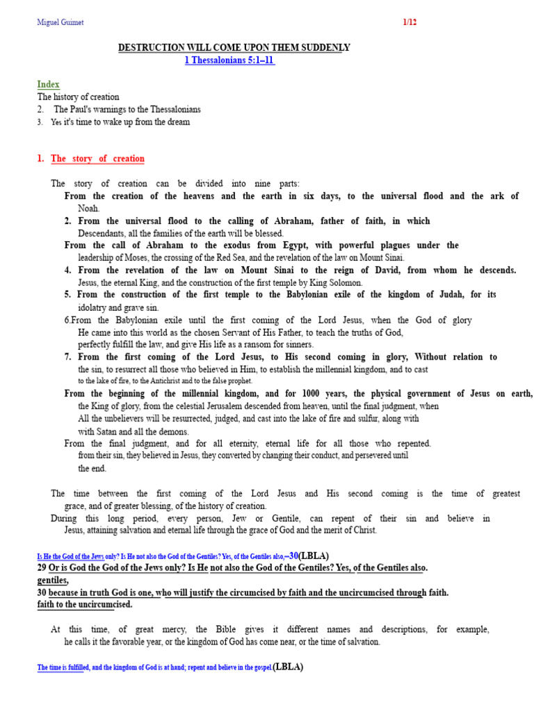 1 Thessalonians 5:1-11 Destruction Will Come Upon Them Suddenly | PDF ...