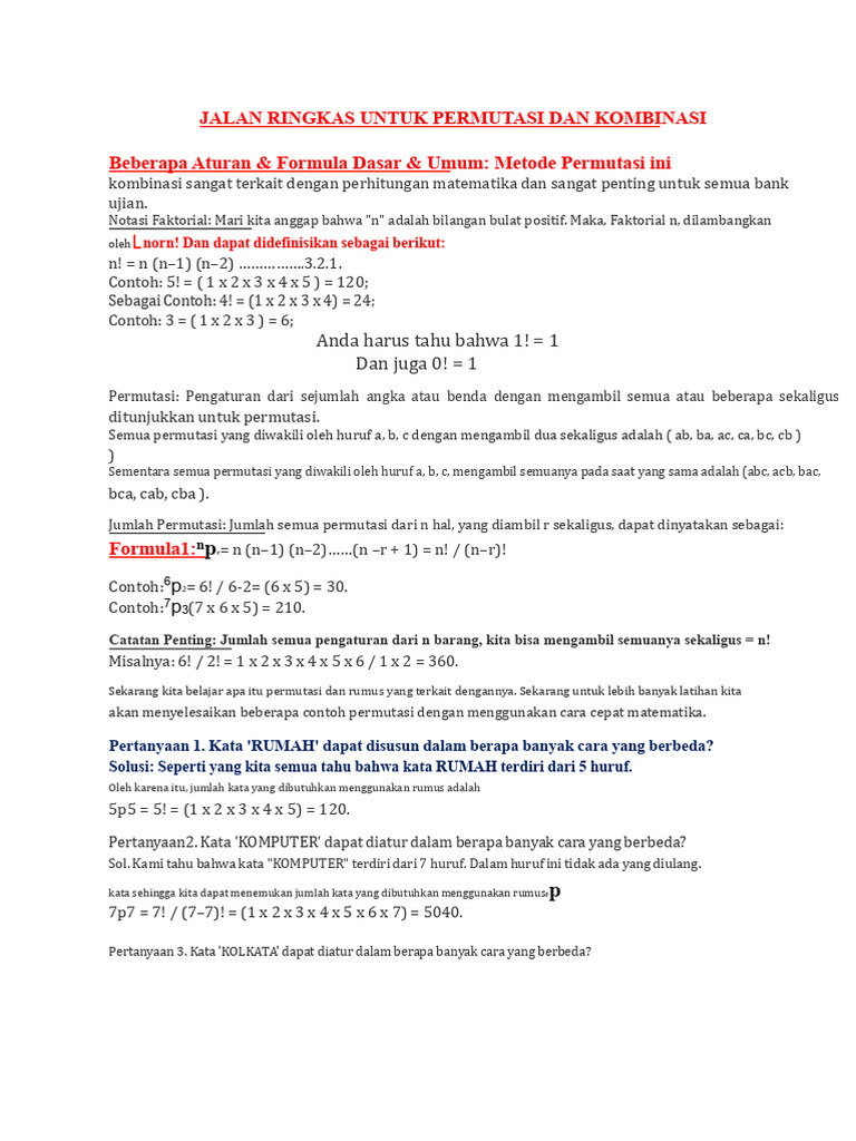 Panduan Permutasi dan Kombinasi Matematika | PDF