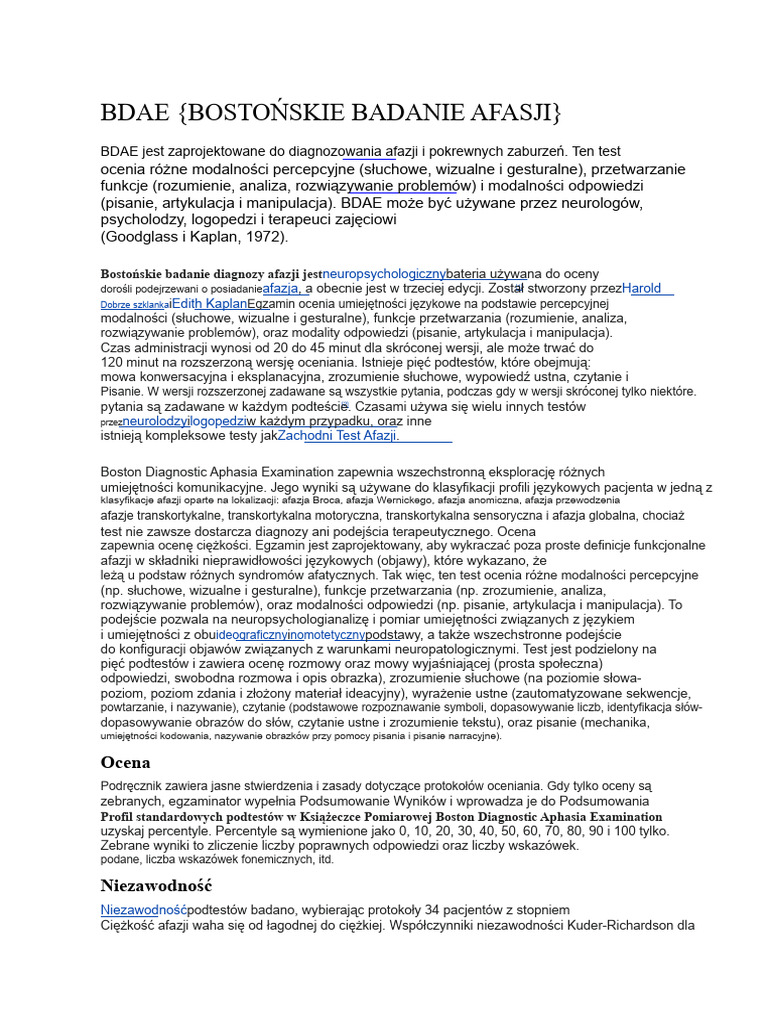 Bdae Bostońskie Badanie Afazji Dokumenty | PDF