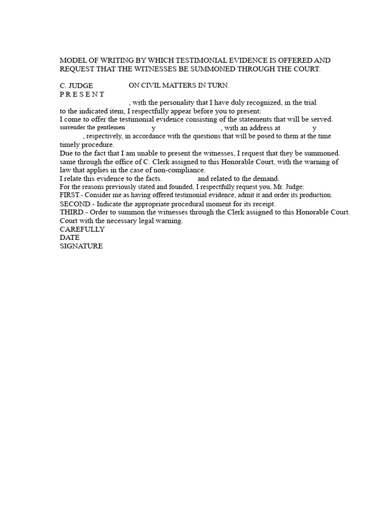 Model of Writing by Which Testimonial Evidence and S Are Offered | PDF