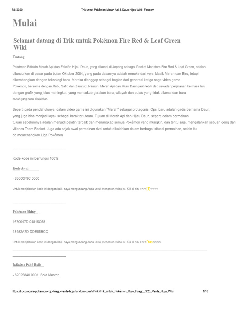 Trik Untuk Pokémon Merah Api & Hijau Daun Wiki - Fandom | PDF
