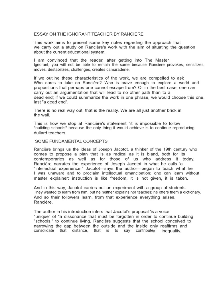 Essay On The Ignorant Schoolmaster by Rancière | PDF | Knowledge ...