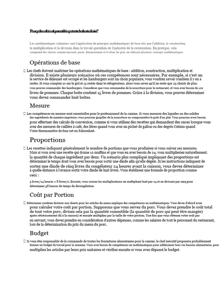 Mathématiques essentielles en cuisine | PDF | Nourritures | Multiplication