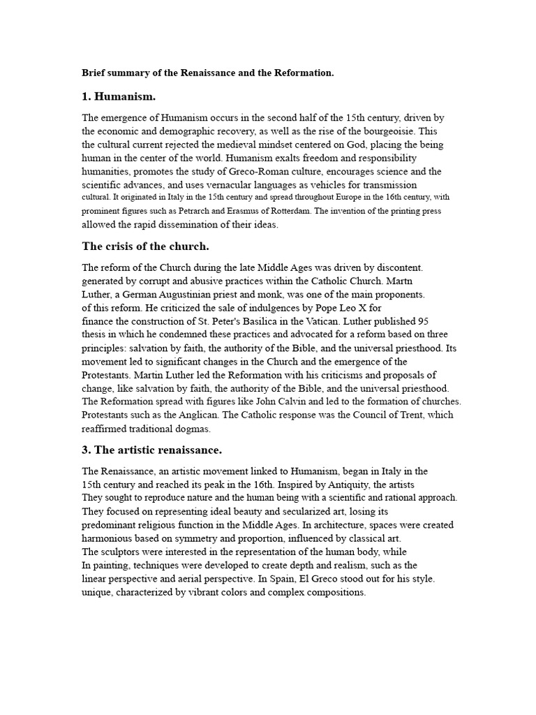 Brief Summary The Renaissance and The Reformation | PDF | Renaissance ...