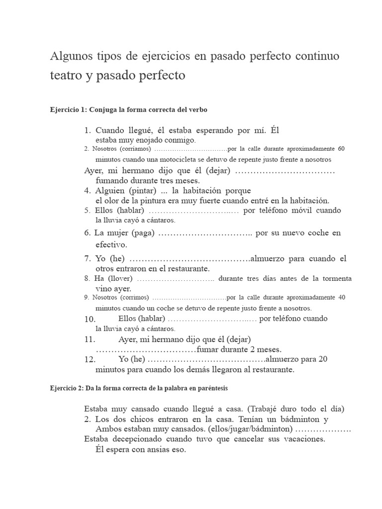 Algunos Tipos de Ejercicios Sobre El Pasado Perfecto Progresivo y El ...