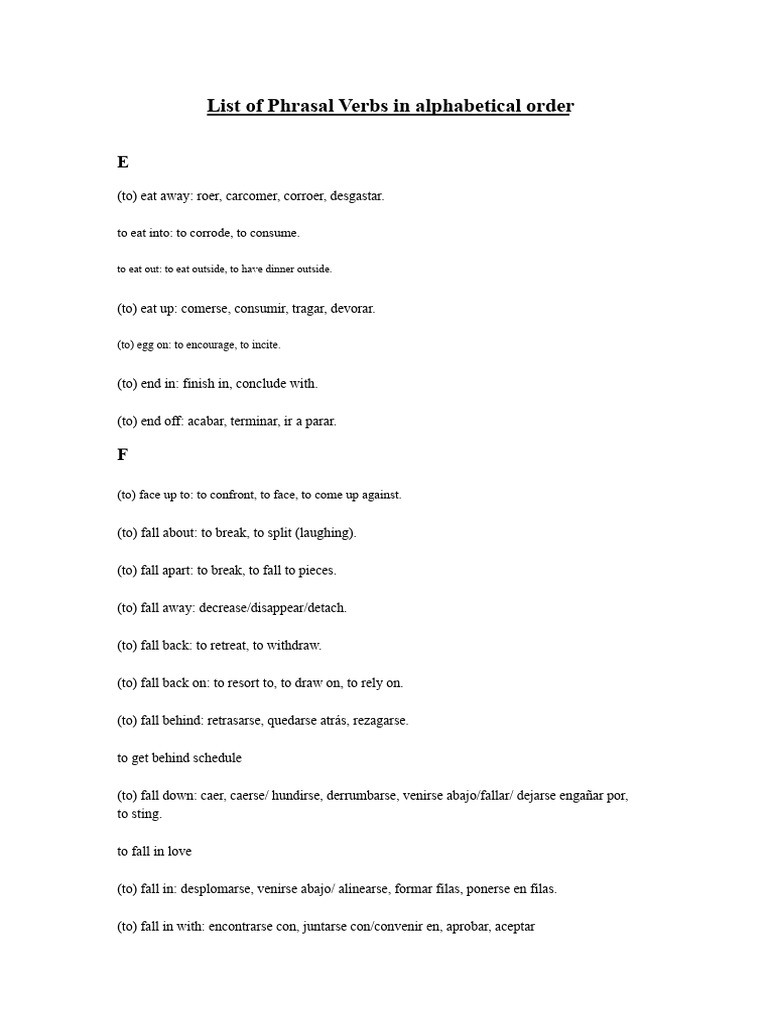 List of Phrasal Verbs in Alphabetical Order | PDF