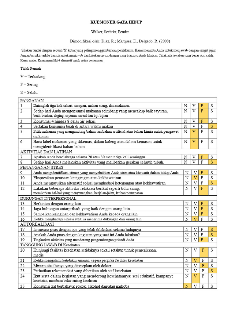Kuesioner Gaya Hidup | PDF