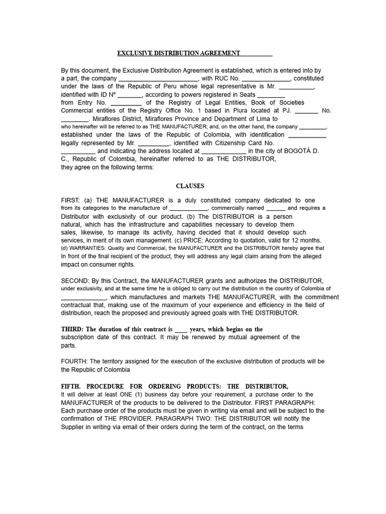 Exclusive Distribution Agreement Template | PDF | Private Law ...