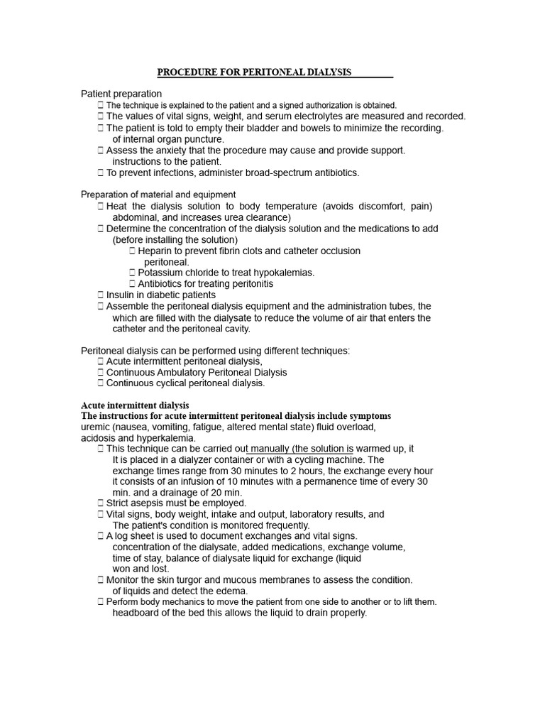 Procedure For Peritoneal Dialysis | PDF | Hemodialysis | Peritoneum
