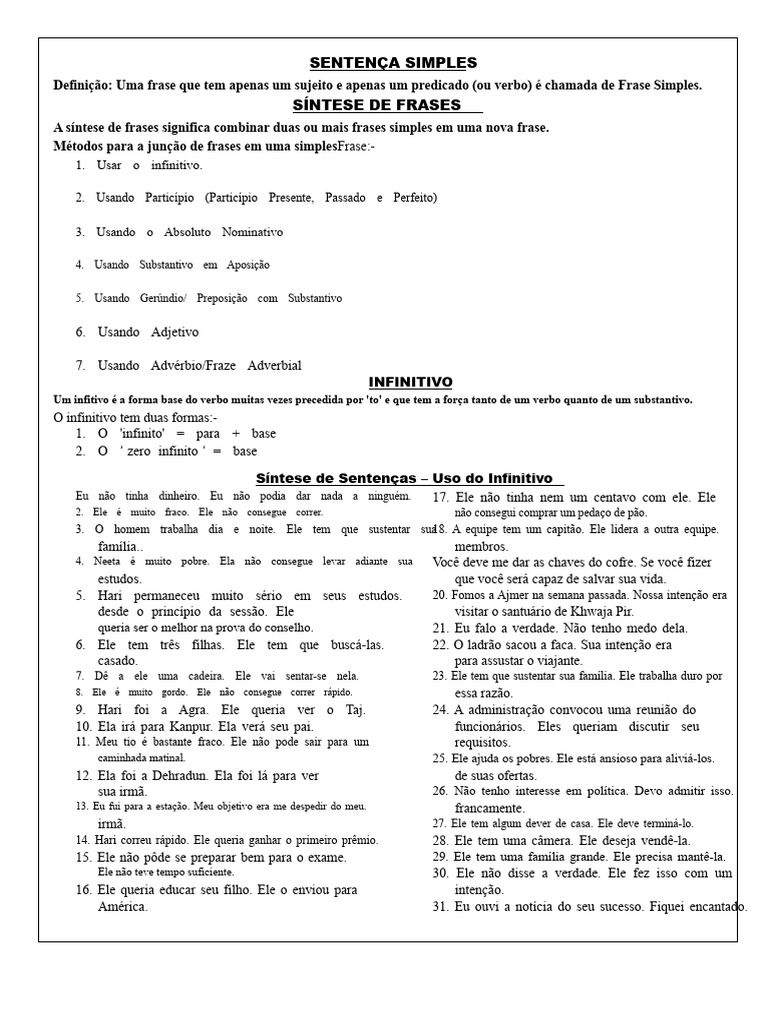 SÍNTESE DE FRASES EM UMA FRASE SIMPLES. | PDF | Linguística