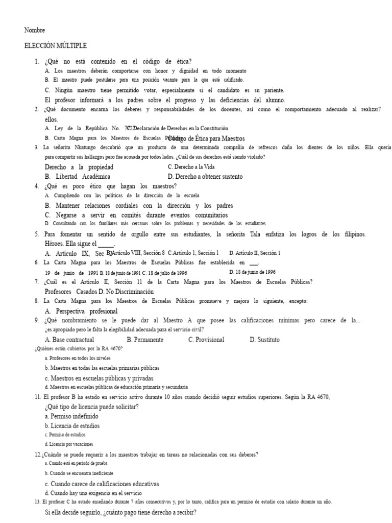 Código de Ética y examen de la Magna Carta docx | PDF | Enseñando ...