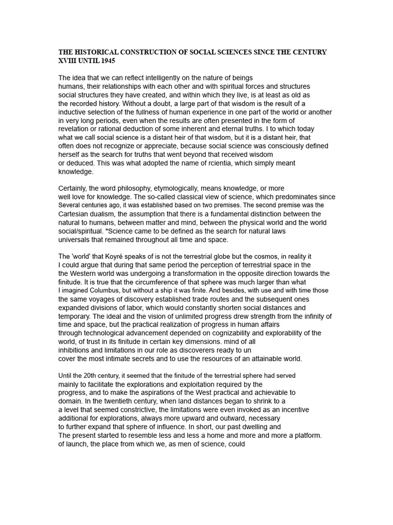 The Historical Construction of Social Sciences From The 18TH Century To ...