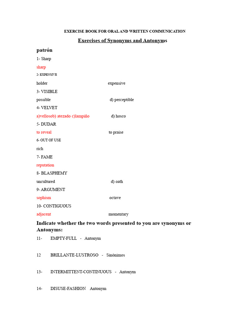 Exercises On Antonyms and Synonyms | PDF