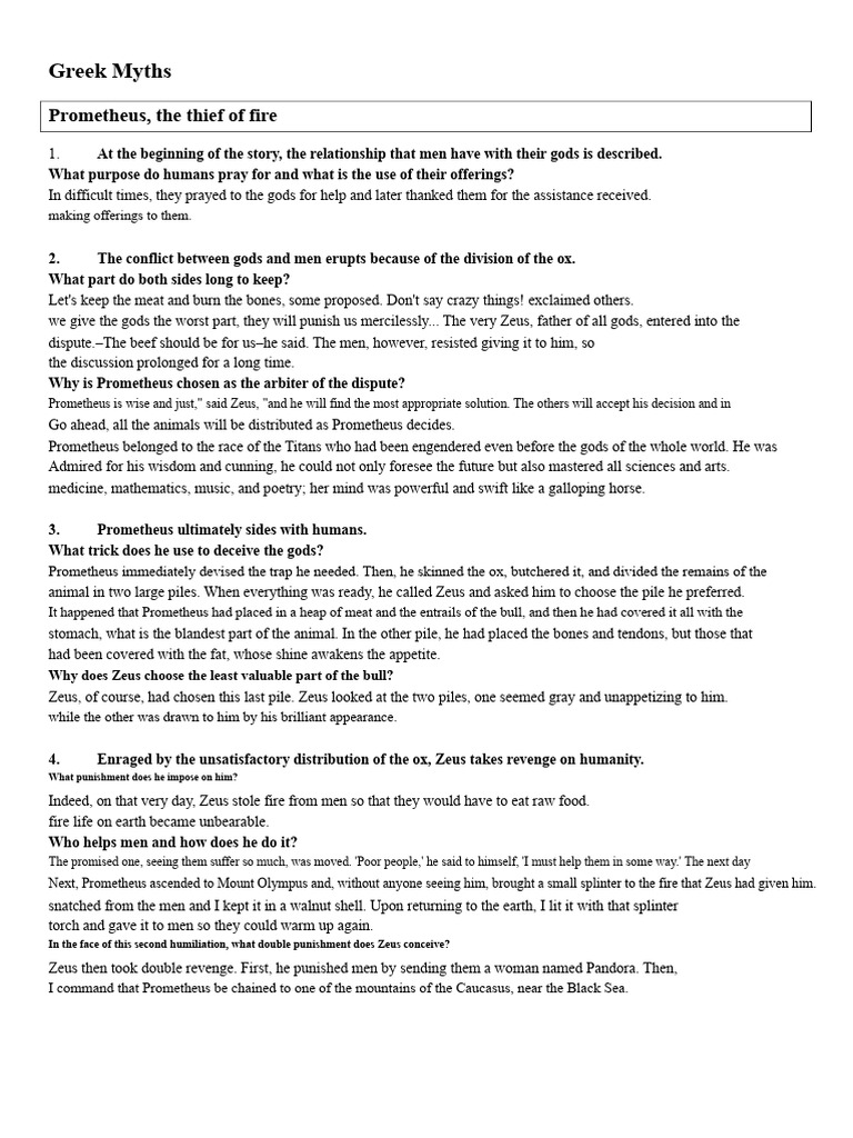 Greek Myths - Questions and Answers | PDF | Minotaur | Prometheus