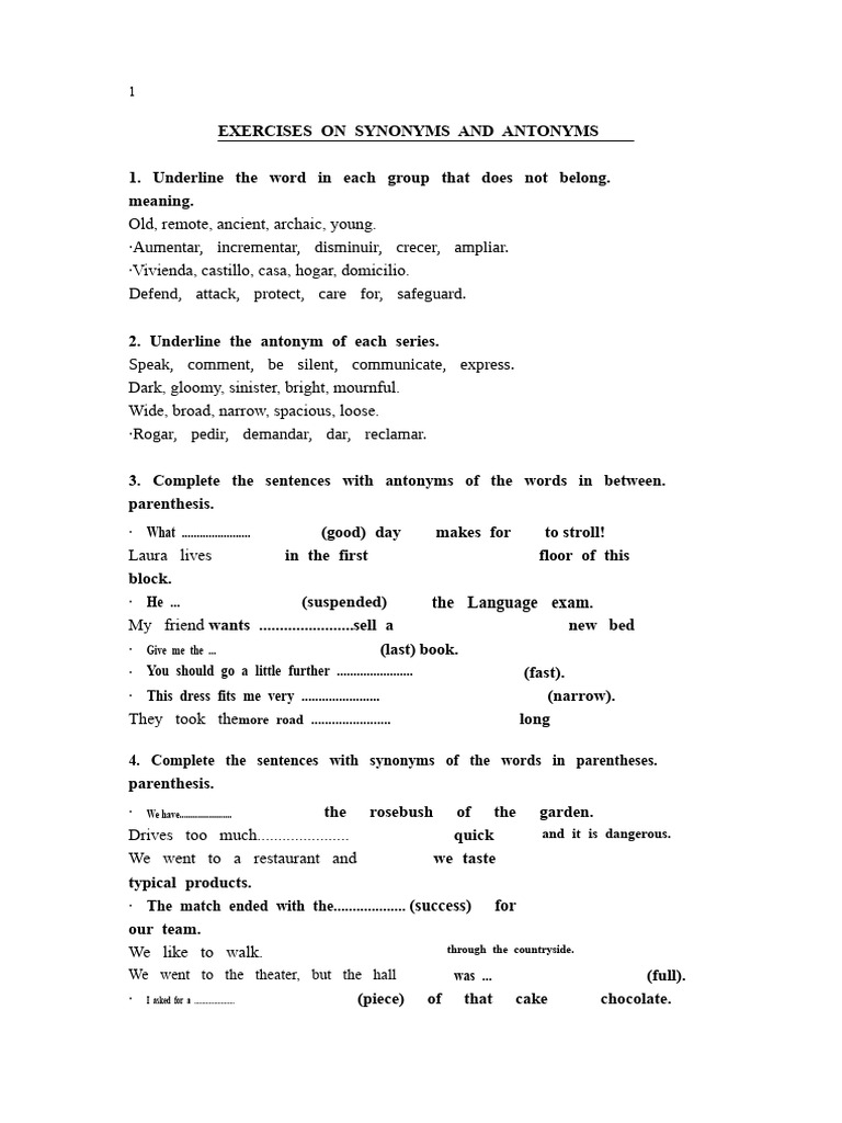 Exercises On Synonyms and Antonyms | PDF | Linguistics
