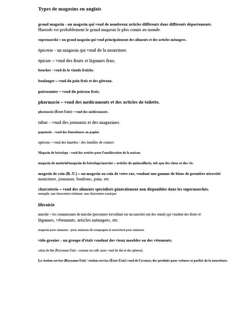 Types de magasins en anglais et vocabulaire | PDF