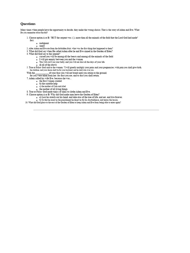 Questionnaire 3 – The Fall of Man | PDF | Adam And Eve | Serpents In ...