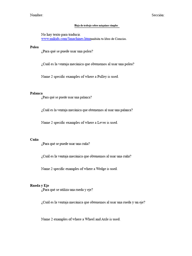 Hoja de Trabajo Sobre Máquinas Simples | PDF