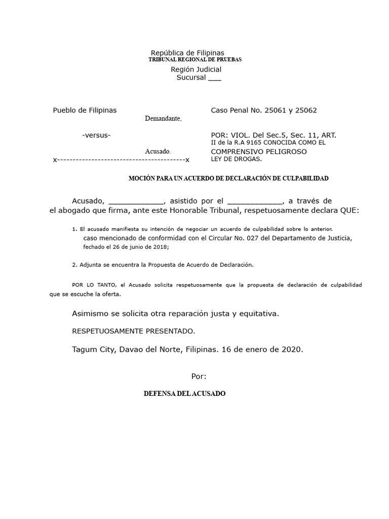 Moción para Plea Bargain | PDF | Fiscal | Ganga Plea