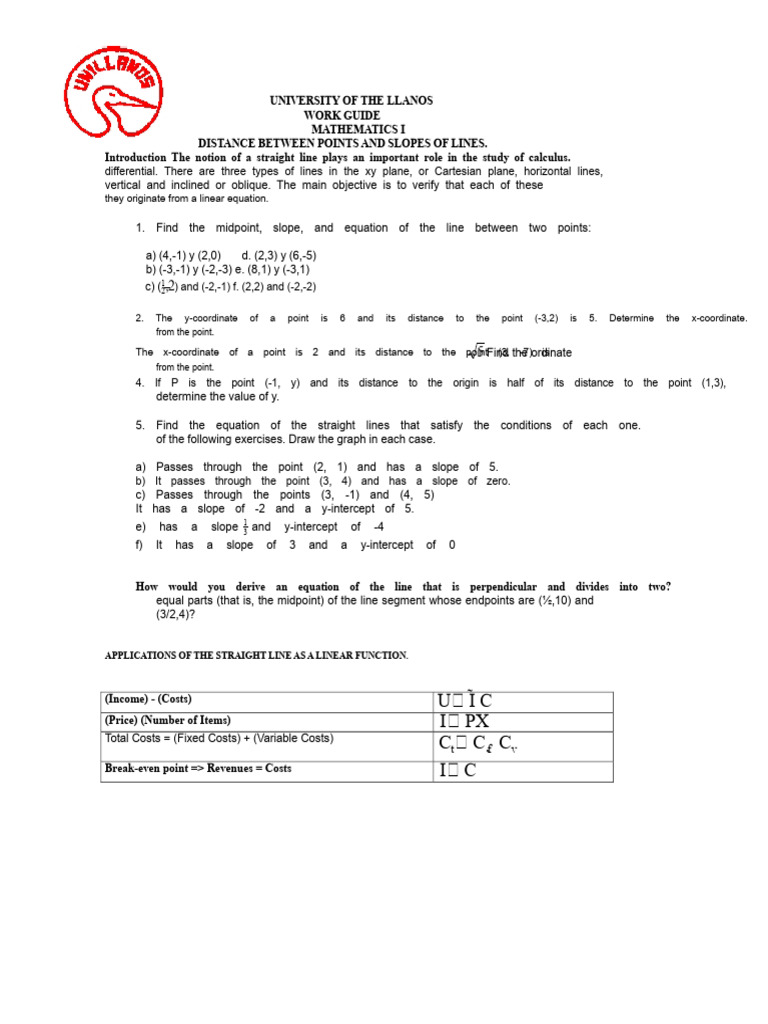 Workshop Distance Between Two Points, Slope, Line | PDF | Line ...
