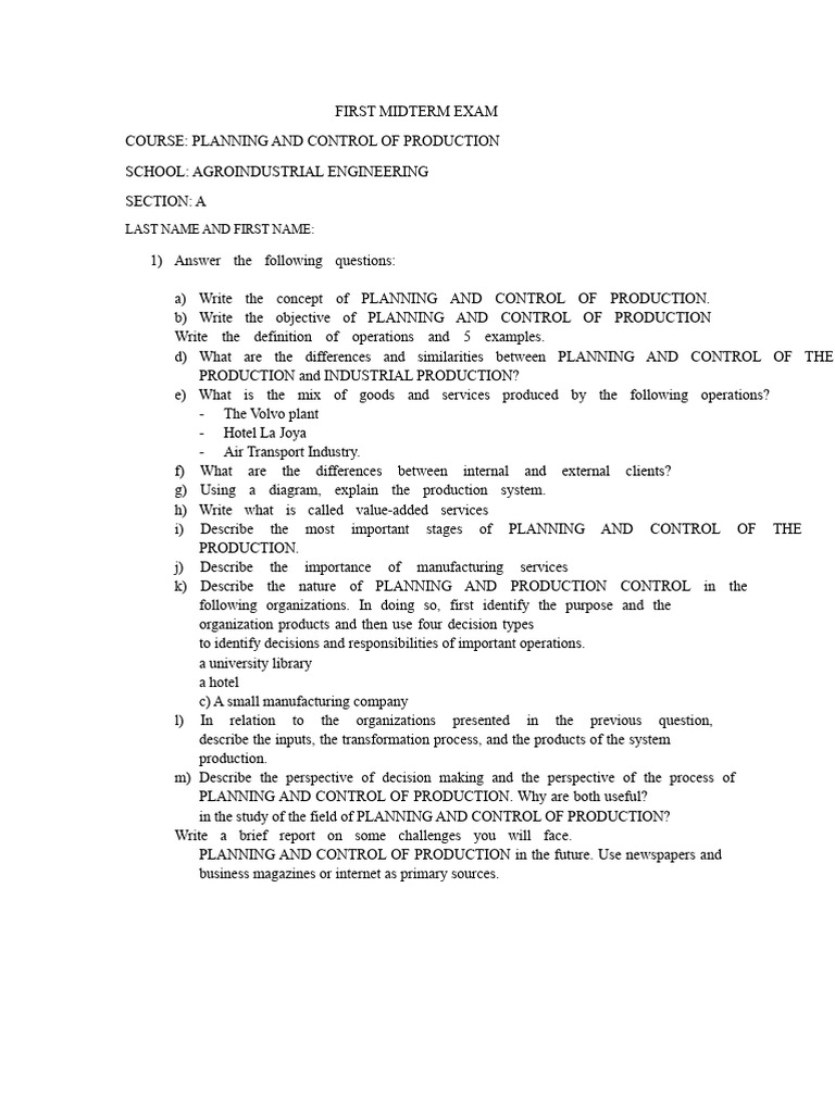 First Midterm Examination On Planning and Production Control | PDF