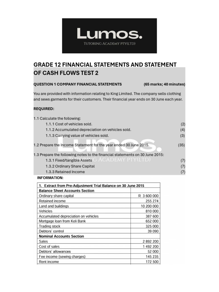 Grade 12 Financial Statements and Statement of Cash Flows Test 2 | PDF ...