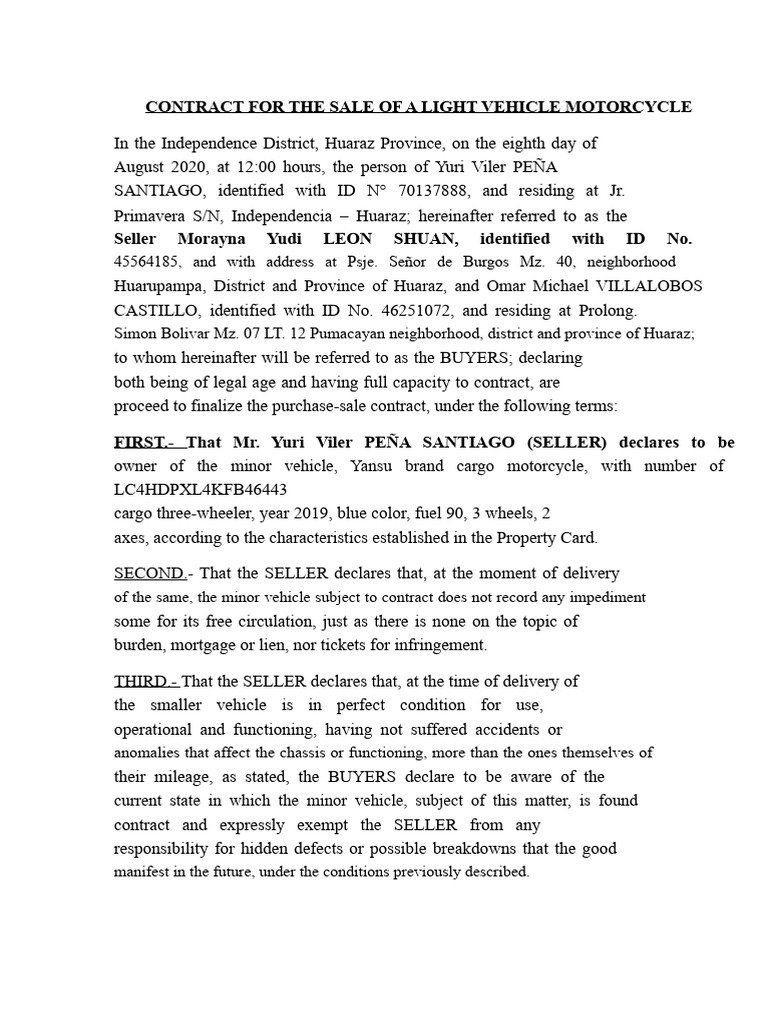 Motorcycle Sale Contract Template | PDF | Taxes | Private Law