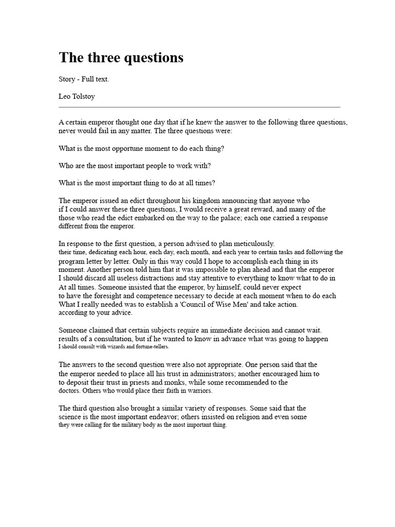 The Three Questions A STORY BY LEO TOLSTOY | PDF