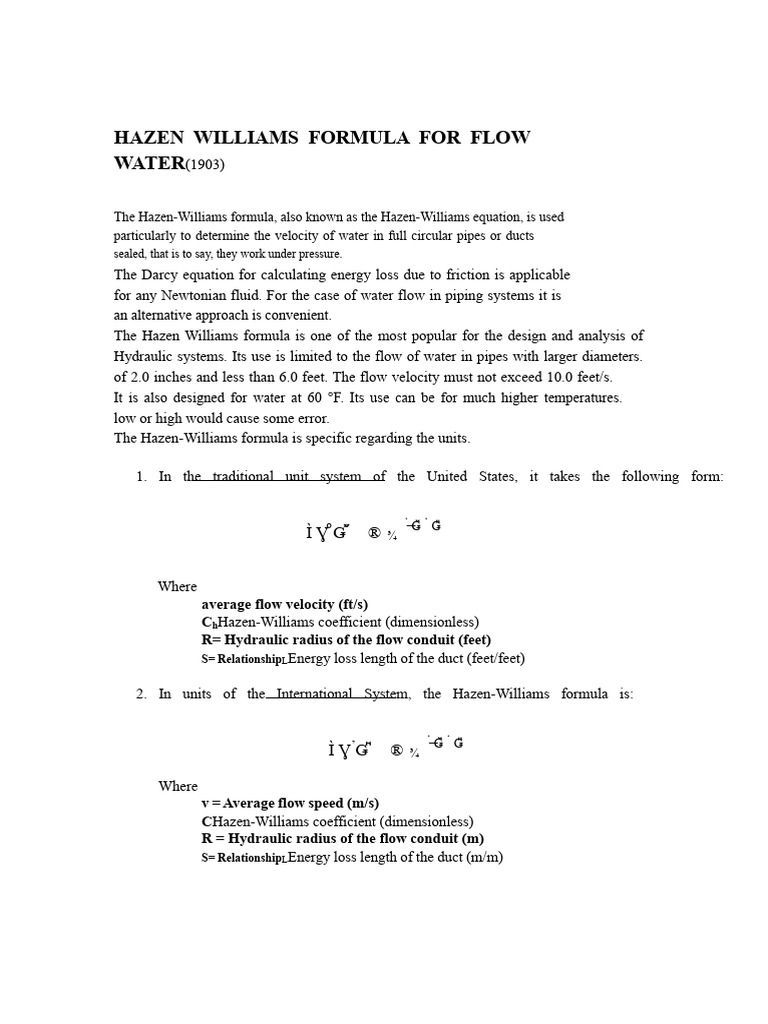 Hazen Williams Formula for Water Flow | PDF | Pipe (Fluid Conveyance ...