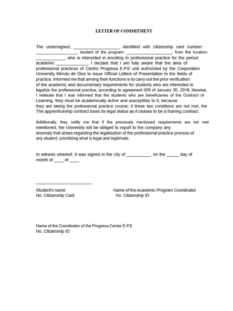 Model Letter of Commitment Before Starting Professional Practice | PDF