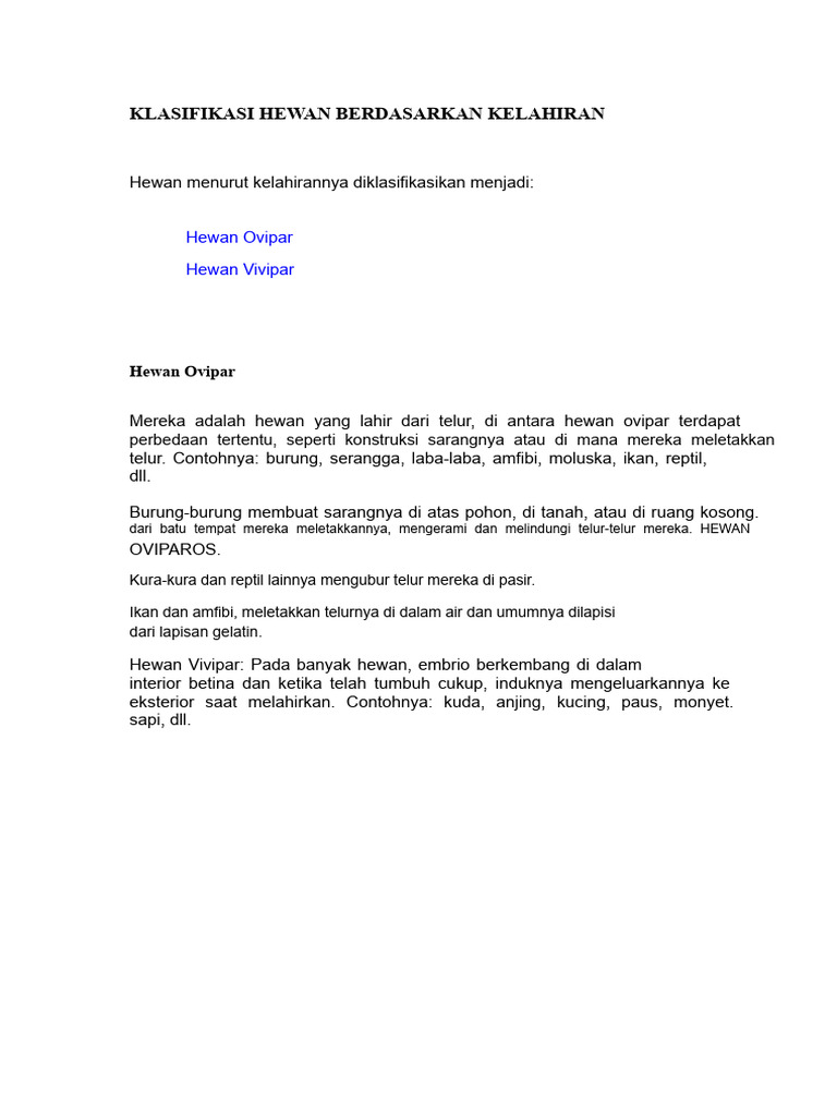Klasifikasi Hewan: Ovipar dan Vivipar | PDF