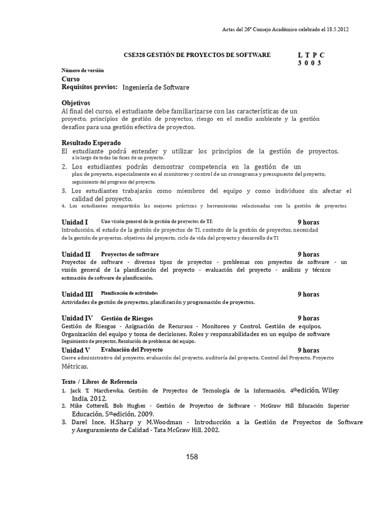 Sílabo de Gestión de Proyectos de Software para MCA | PDF | Gestión de proyectos | Software