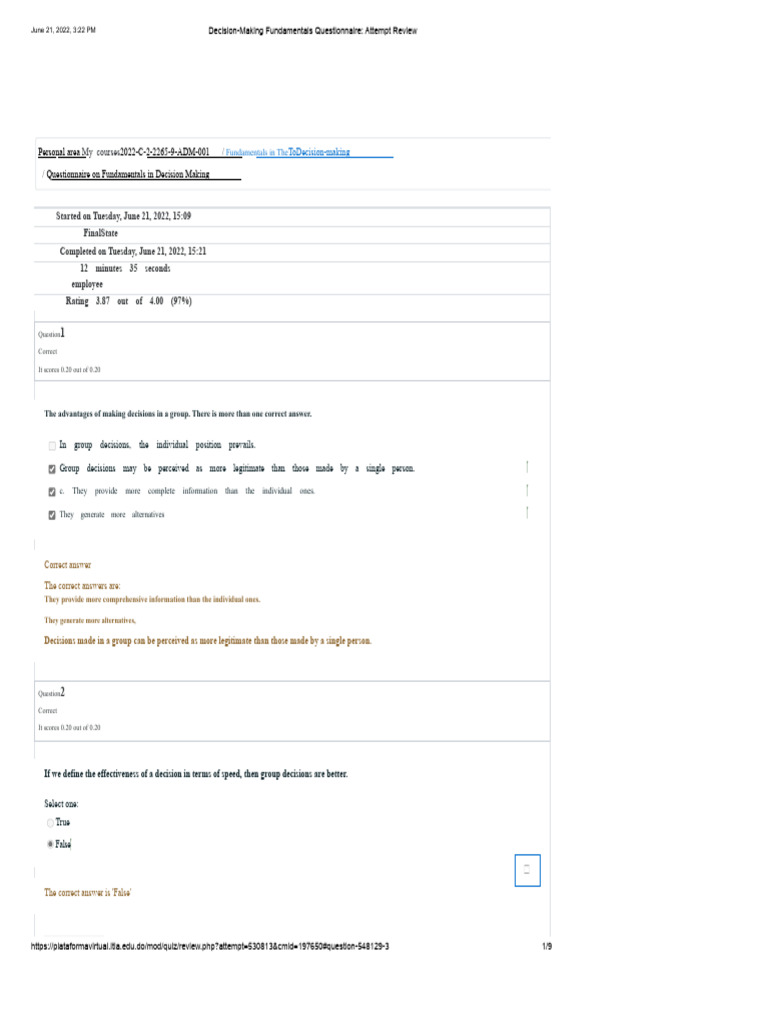 Fundamentals Questionnaire On Decision Making - Review of Attempt Part ...