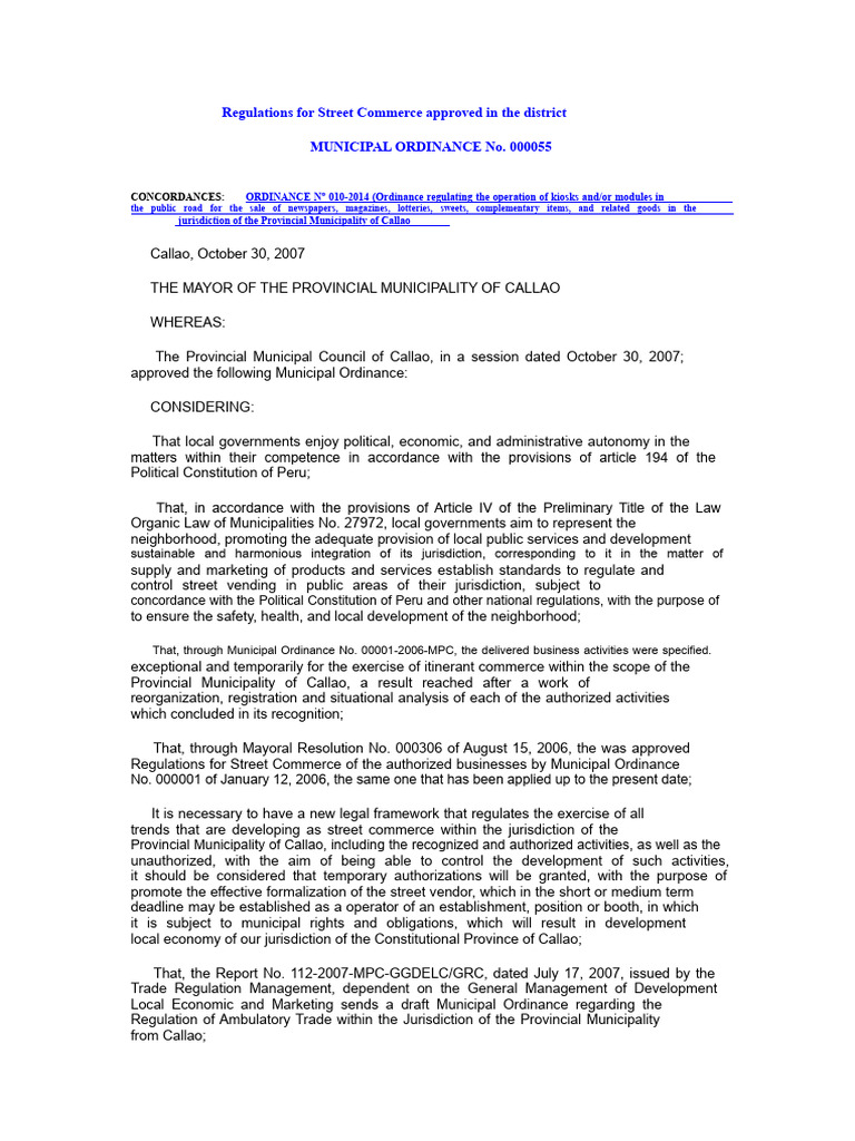 Ordinance No. 055-2007 Regulation of Street Commerce | PDF | Traffic ...